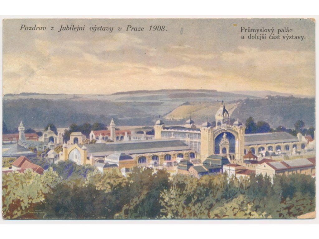 48 - Praha, Jubilejní výstava 1908, Průmyslový palác a dolejší část ...