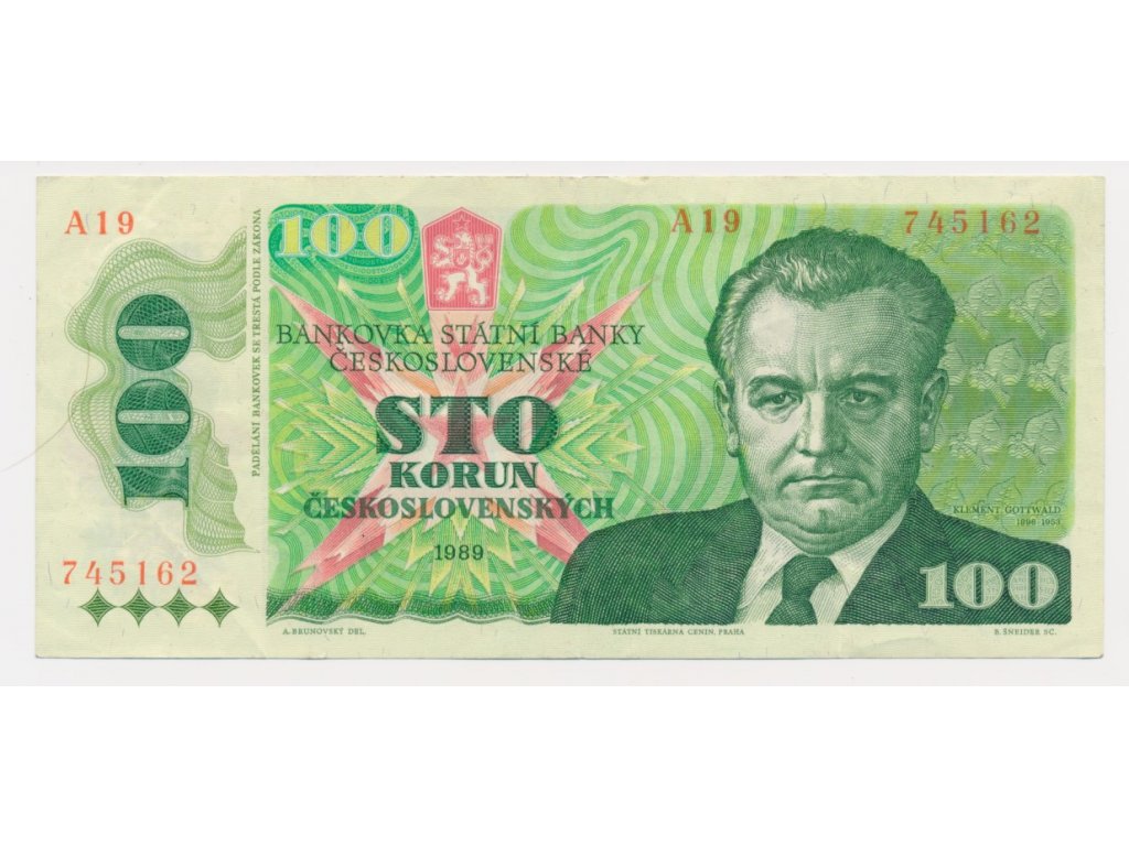 ČSSR, 100 Kčs, 1989, série A 19, Gottwald, pěkný oběhový stav ...