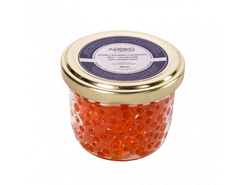 Kaviár ze divokého lososa Keta Aruko. Váha 100 g. USA - Belgie - Aruko