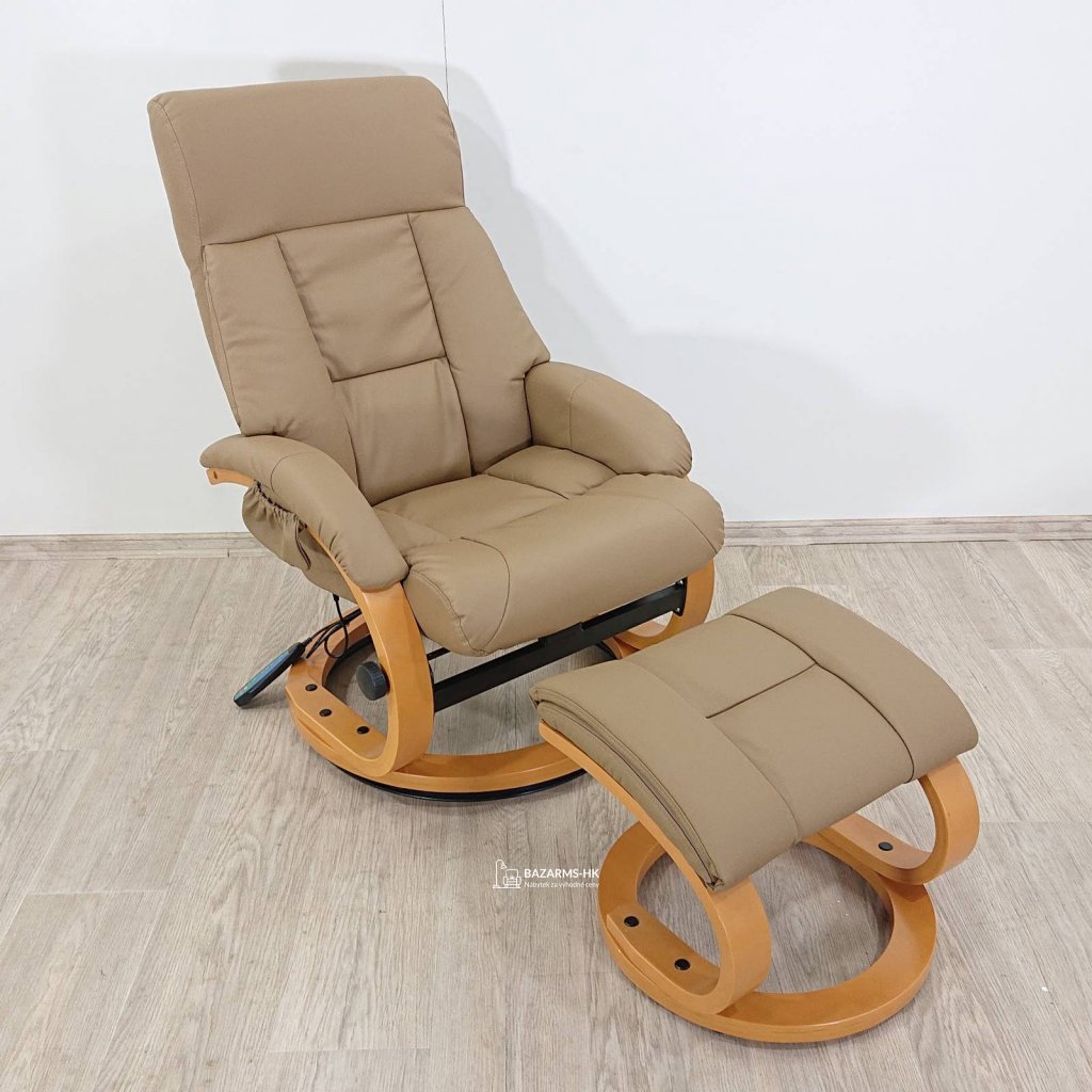 Polohovací vyhřívané masážní křeslo z umělé kůže s podnožkou béžové FORCE | OUTLET NÁBYTKU