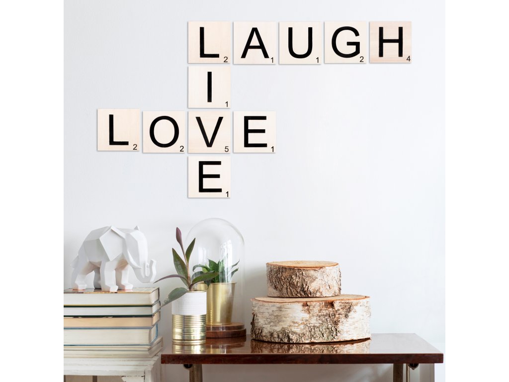 Nástěnná dekorace dřevo SCRABBLE LAUGH LOVE LIVE 111x 63 cm - Creative Home