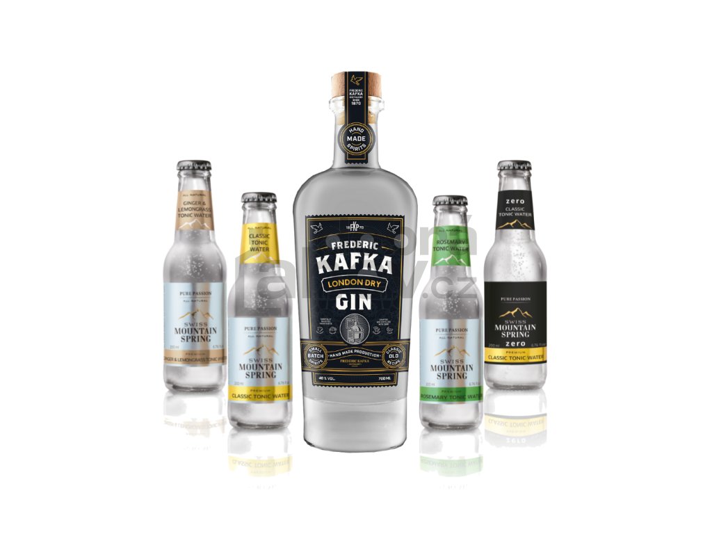 Frederic Kafka London dry gin 0,7L 40% GT + 4x Swiss Mountain tonic 0 ... Frederic Kafka London dry gin 0,7L 40% GT + 4x Swiss Mountain tonic 0 ...