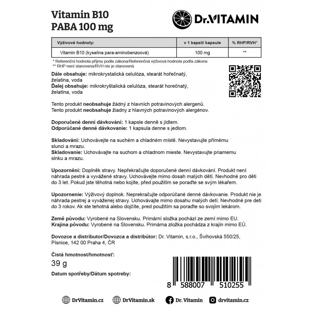 Vitamin B10 PABA (kyselina para-aminobenzoová) 100 mg - 100 kaps. - Dr ...