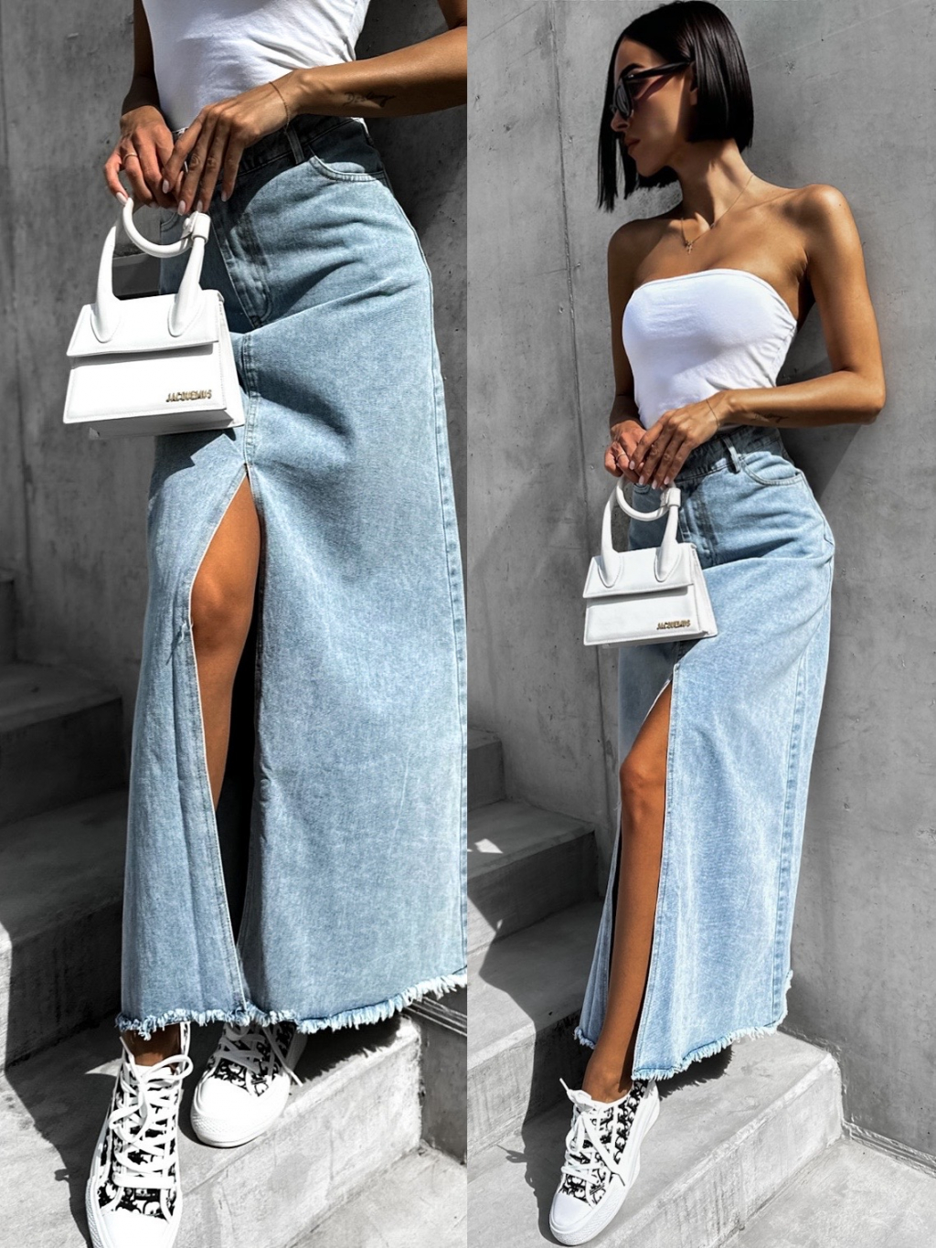 Světle modrá dlouhá denim sukně LOILENYS s rozparkem | Erika Fashion