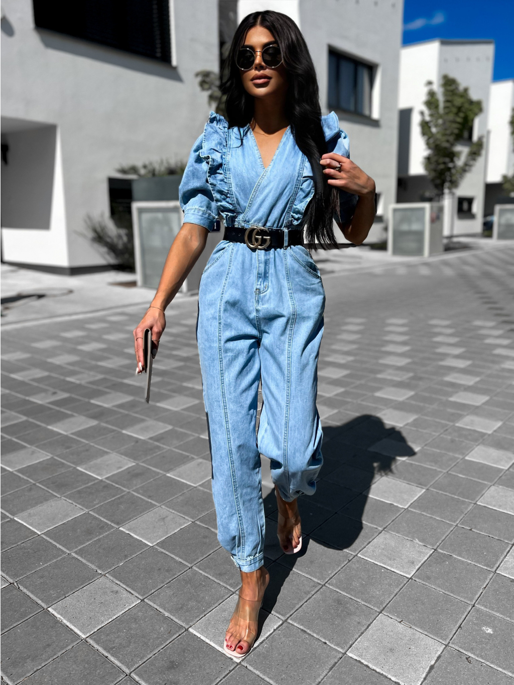 Světle modrý denim overal ANCAYNI s volánky | Erika Fashion