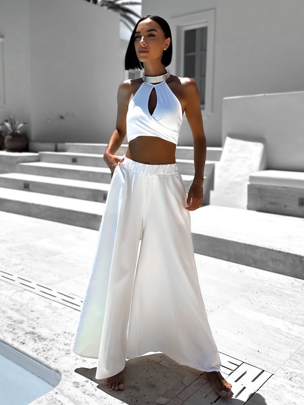 Bílé tepláky LADENS se širokými nohavicemi | Erika Fashion