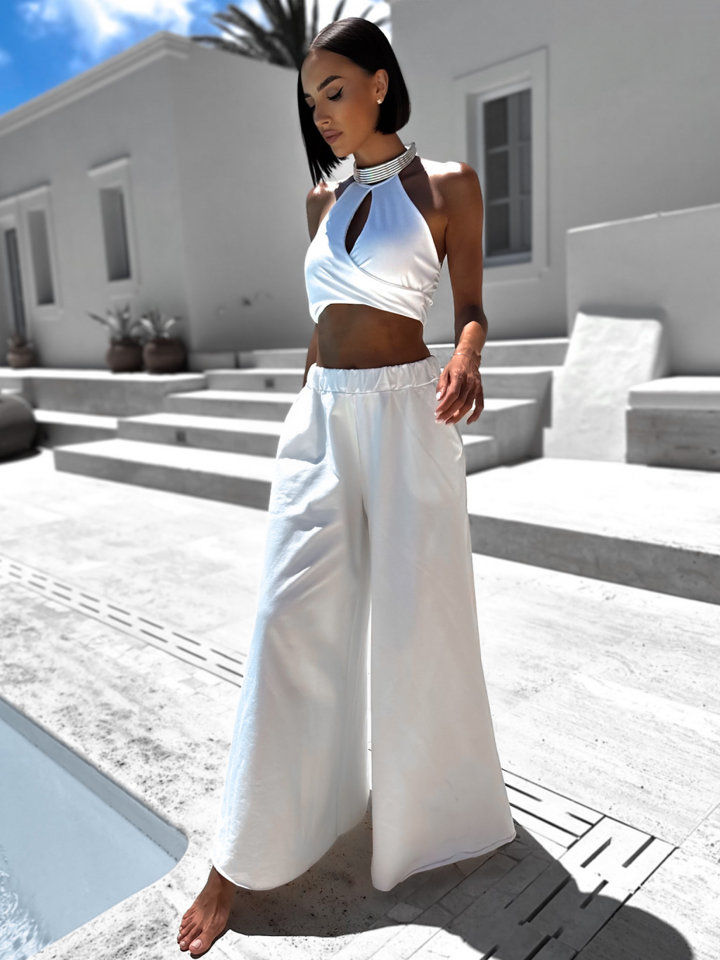 Bílé tepláky LADENS se širokými nohavicemi | Erika Fashion