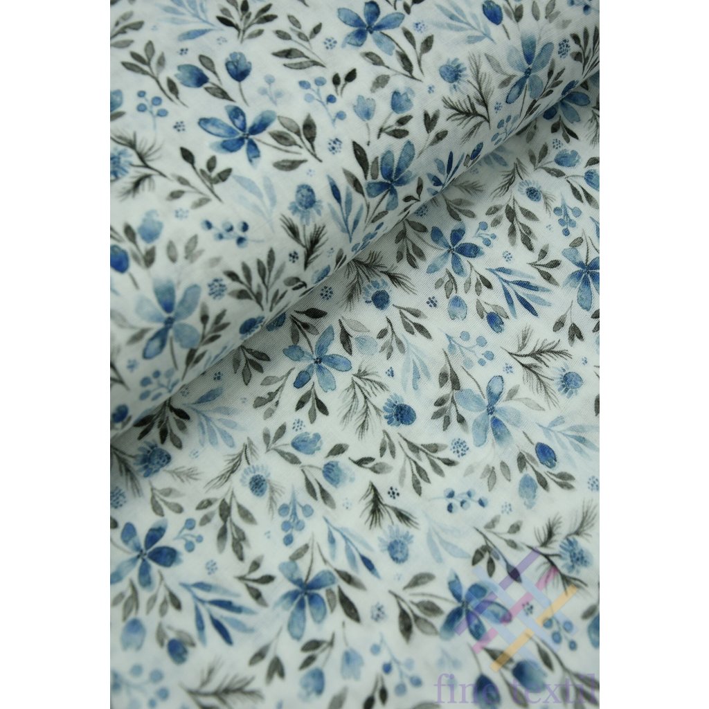 Dvojitá gázovina - Mušelín hladký - Modré kvietky - FineTextil.sk