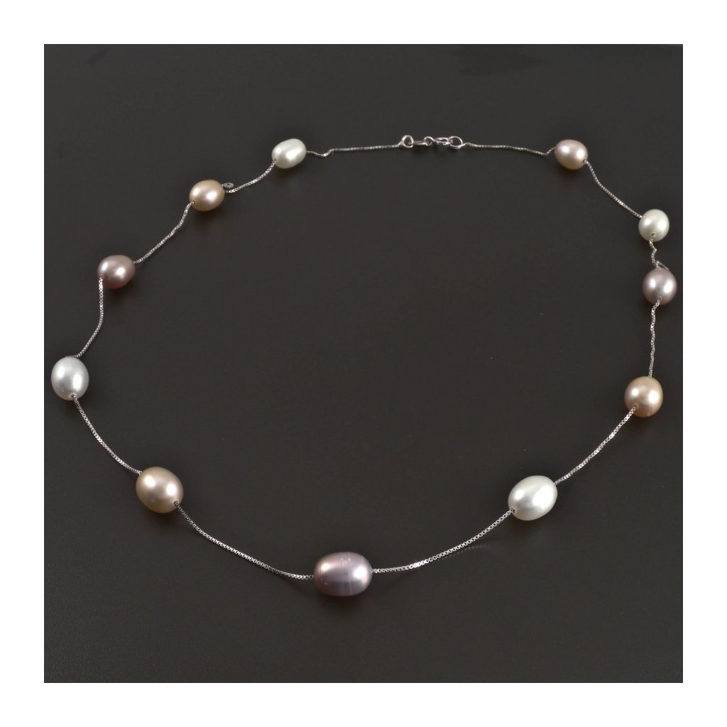 Stříbrný náhrdelník růžové a bílé perly - Goldpoint.cz
