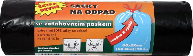 Sáčky do košů 60l/60x80cm/40my - 10ks/role, ČERNÉ se zatahovacím páskem ...
