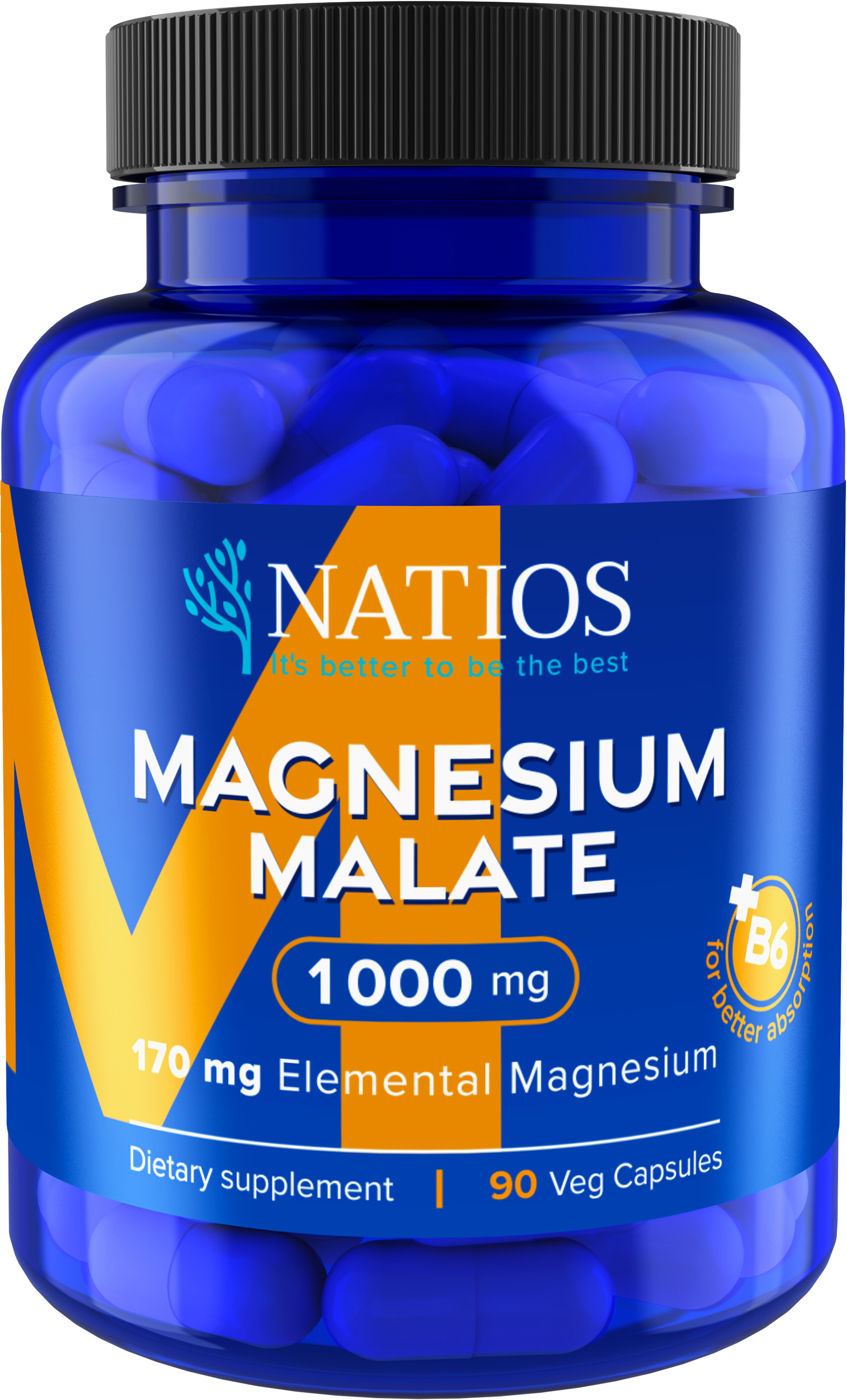Magnesium Malate 1000 mg + B6, 90 veg. kapslí, (elem. hořčík 170 mg ...