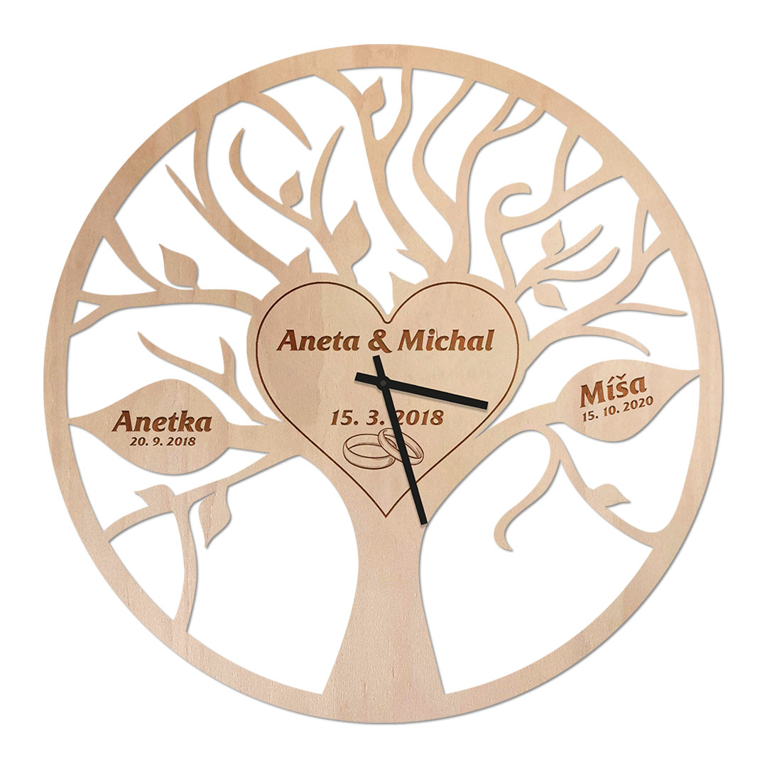 Dřevěné nástěnné hodiny - Rodinný strom života - HOORAY.cz