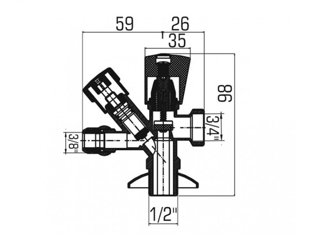 Ventil rohový guľový kombinovaný, 1/2"x 3/8"x 3/4" - Intercom