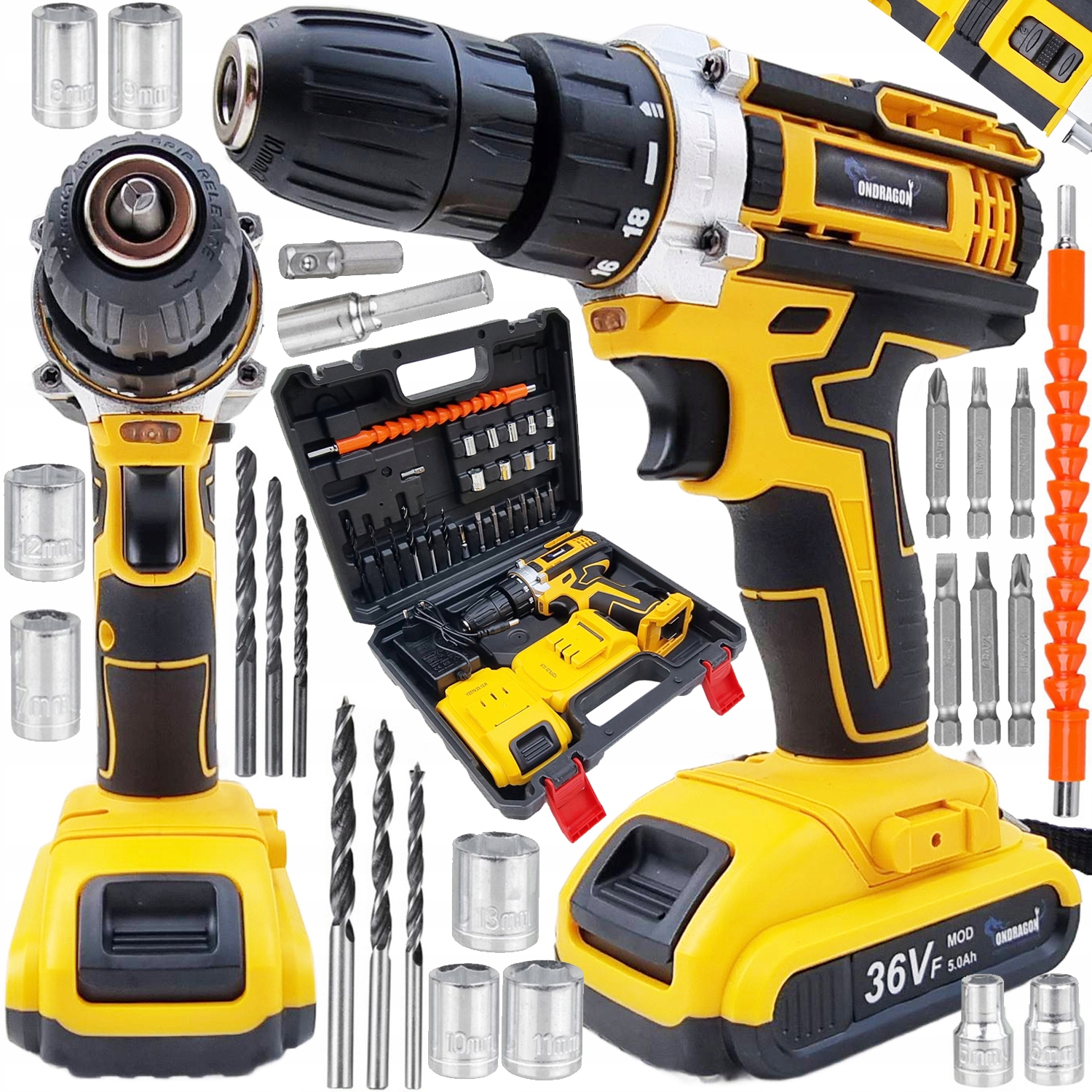 Aku vrtací šroubovák LI-ION 36V 2 baterie, kufřík + příslušenství OD9010 ONDRAGON - Jipos.cz