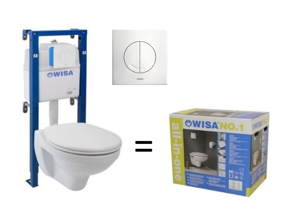Wisa - Fix Set All In One White - splachovací nádržka, bílé tlačítko, závěsná wc mísa, izolace a ...