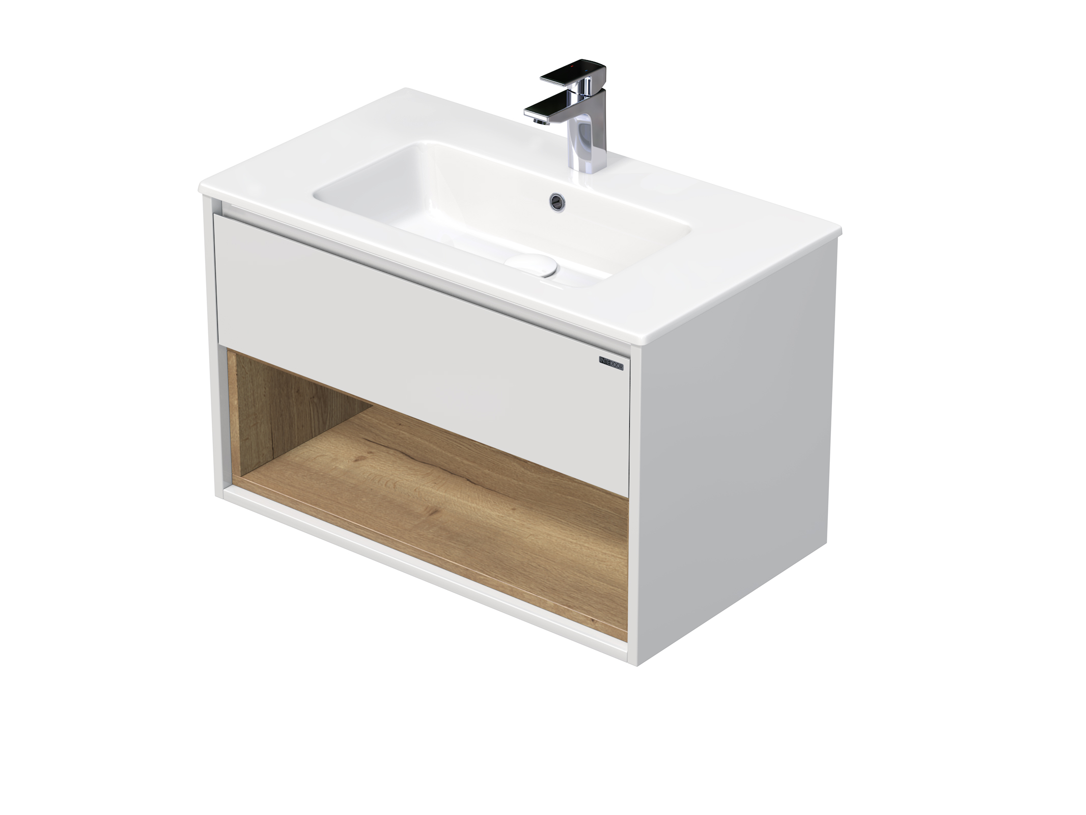 EMMY 90 cm bílá/dub s jednou zásuvkou a otevřenou nikou, s umyvadlem SISTEMA (A0536/H3730 ST 10 ...