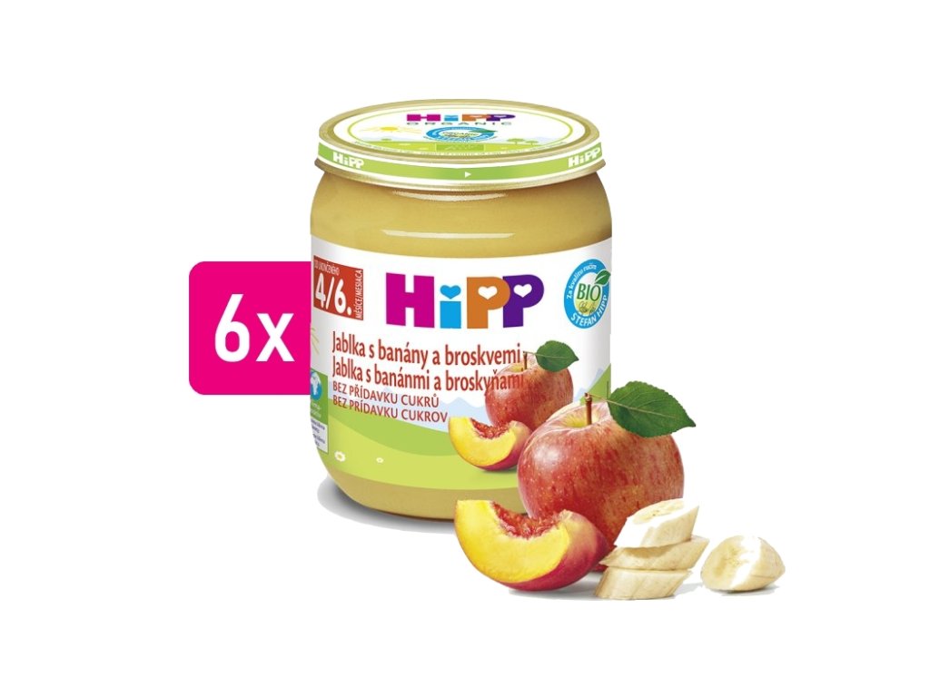 HiPP BIO Jablka s banány a broskvemi 6x125g - Kupplenky.cz