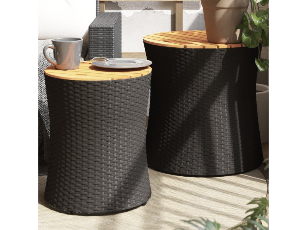 vidaXL Záhradné príručné stolíky 2 ks, drevená doska, čierne polyratan - L2.sk