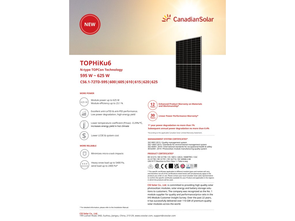 Canadian Solar TOPHiKu6 610W Silver Frame N-Type TOPCon 22,6% CS6.1-72TD-610 - MOBLER