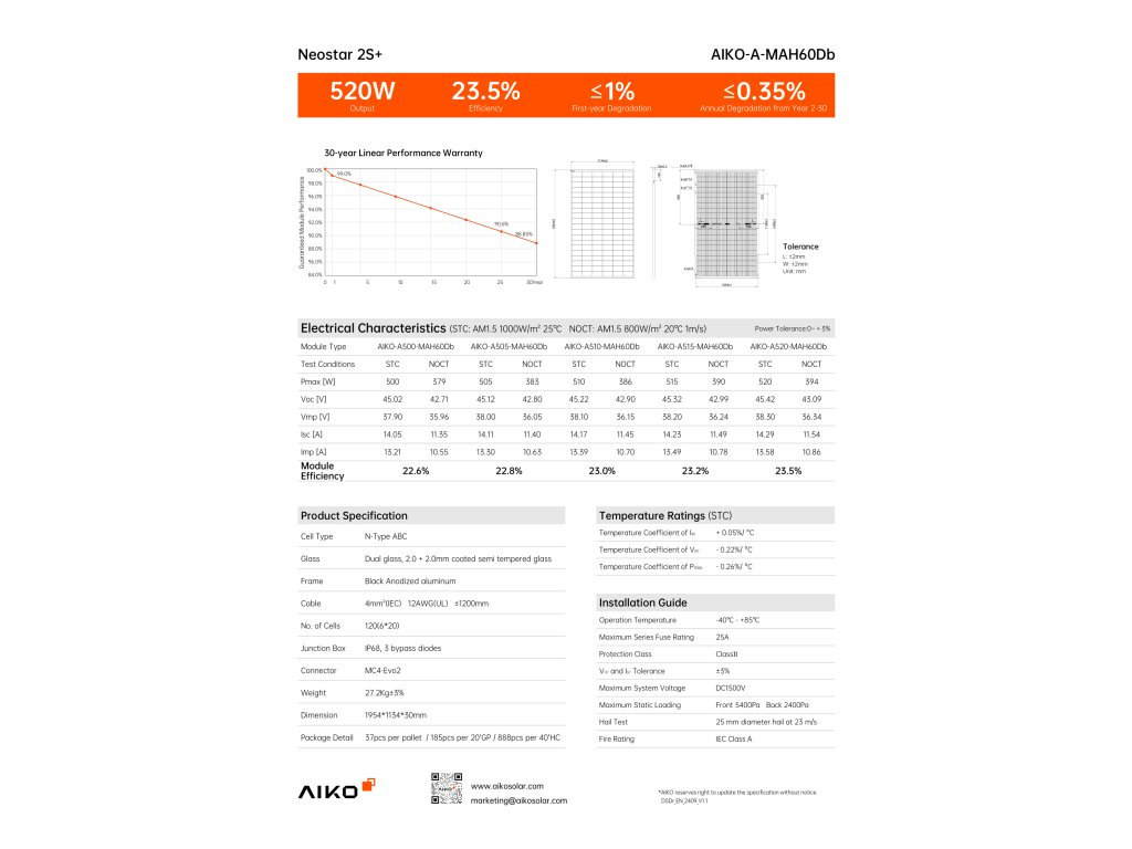 AIK0 Neostar 2S+ 500Wp Full Black Dual-Glass 22,6% AIKO-A500-MAH60Db - MOBLER