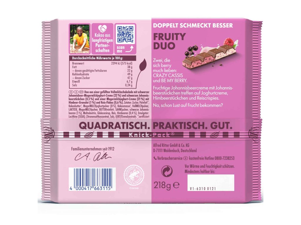 Ritter Sport Ovocné Duo 218 g - originál z Německa | NěmeckýEshop.cz