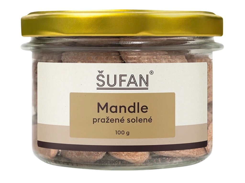 Mandle pražené, solené ve skle, 100g, Šufan | OceněnáVína.cz