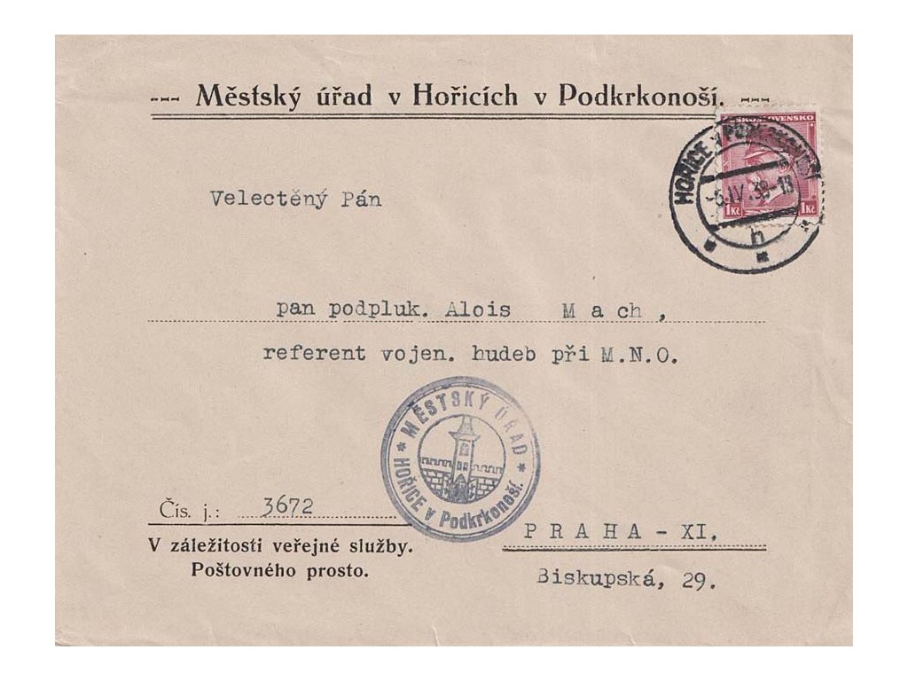 1939, DR Hořice v Podkrkonoší 6.4., úřední dopis - Sbírám.cz