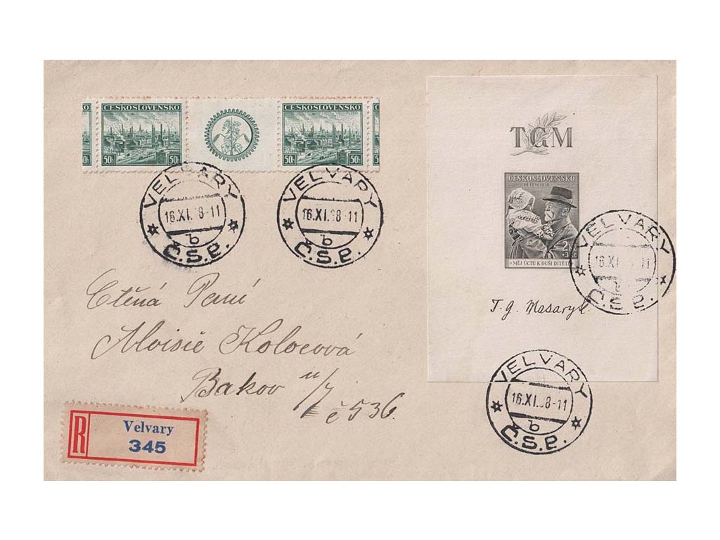 1938, DR Velvary, R-dopis zaslaný do Bakova nad Jizerou - Sbírám.cz