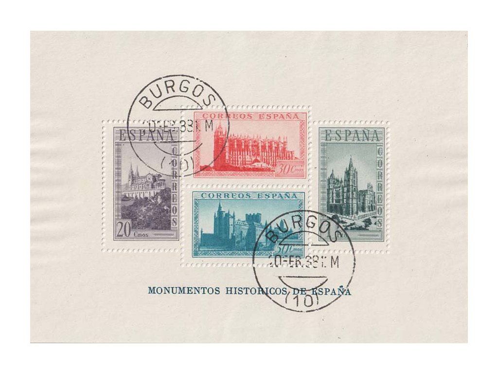 1938, 20C-1Pta aršík budovy, Nr.Bl.9, razítkované, dv - Sbírám.cz