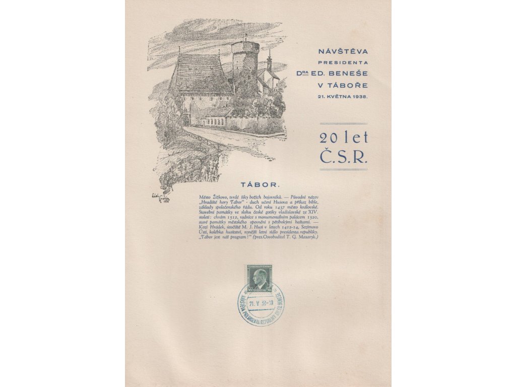 1938, Tábor, Návštěva prezidenta, pamětní list, A4 - Sbírám.cz