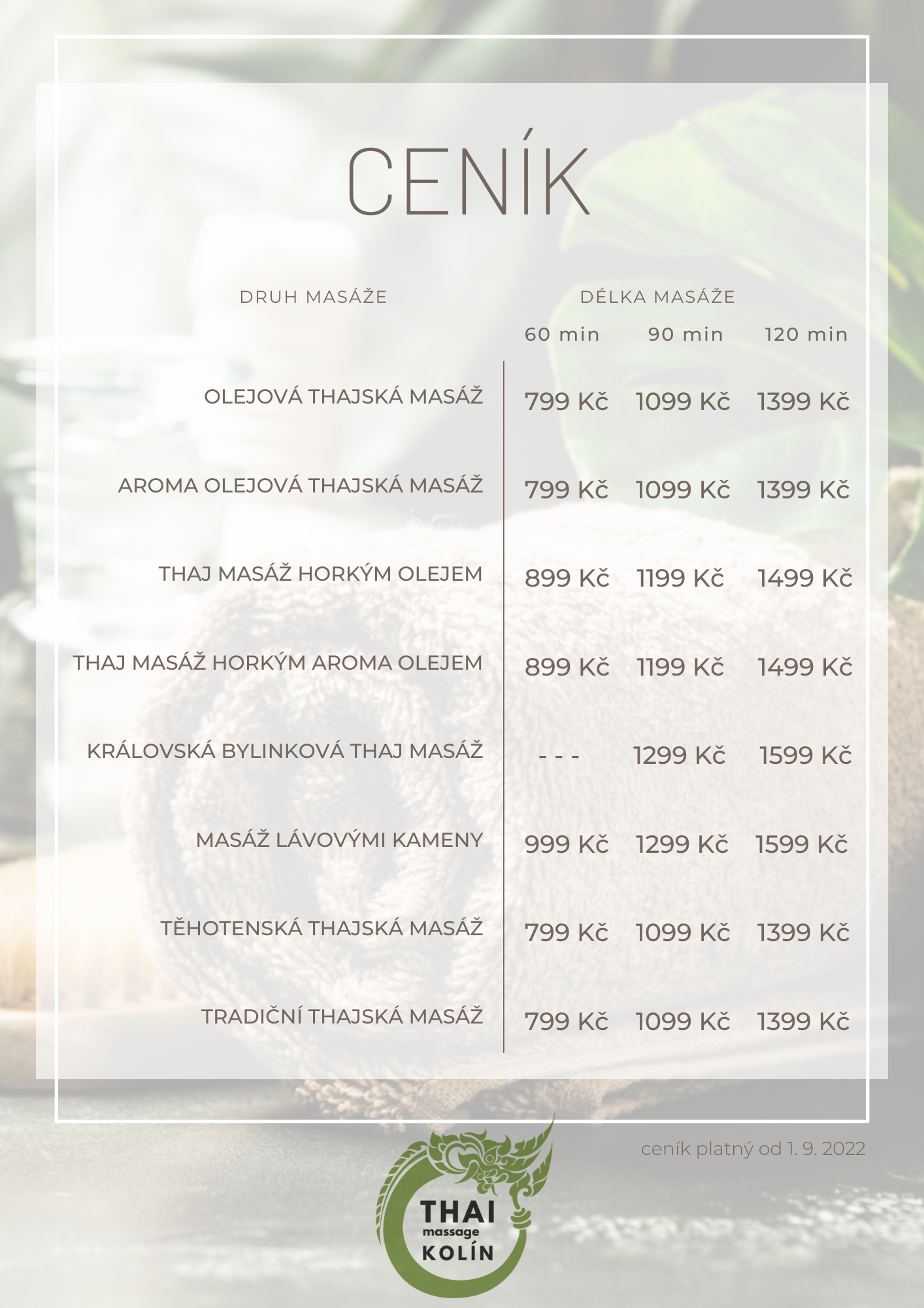 Ceník - Thajské masáže Kolín
