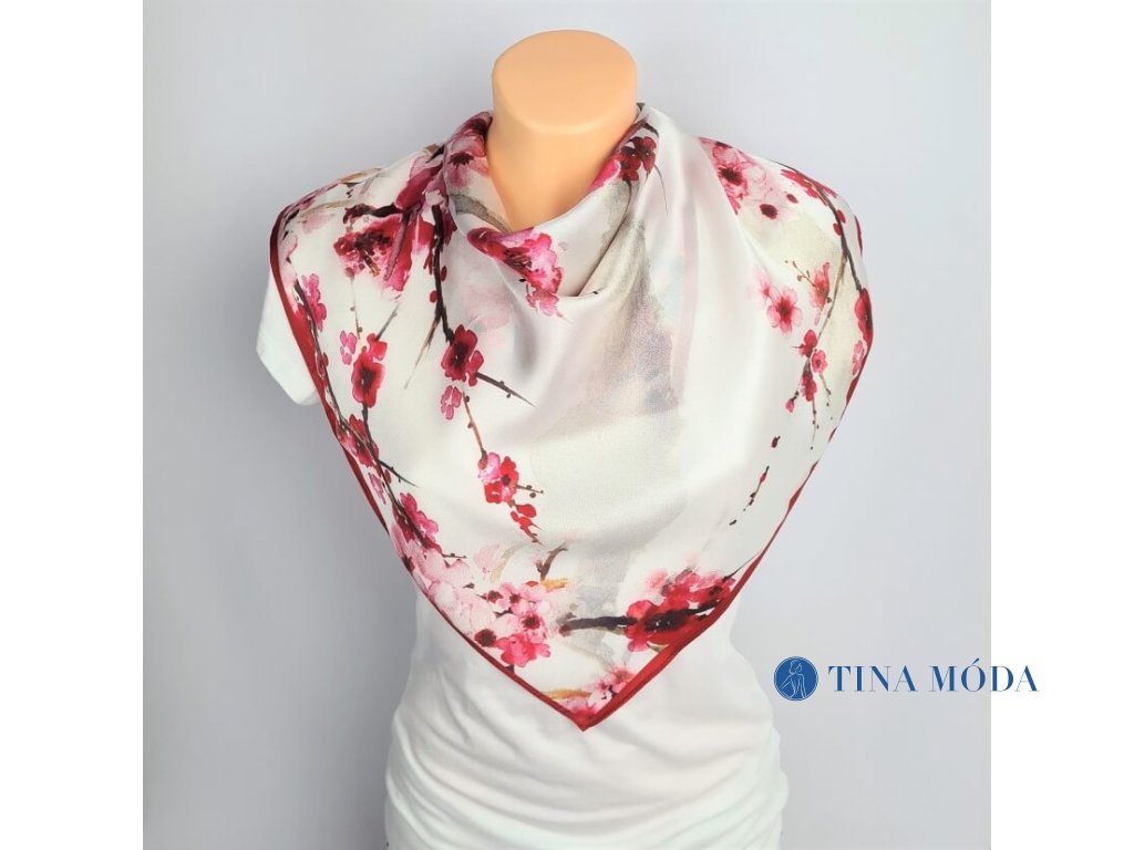 Dámský malý letuškový hedvábný šátek čtvercový červený bílý květy 100% ...