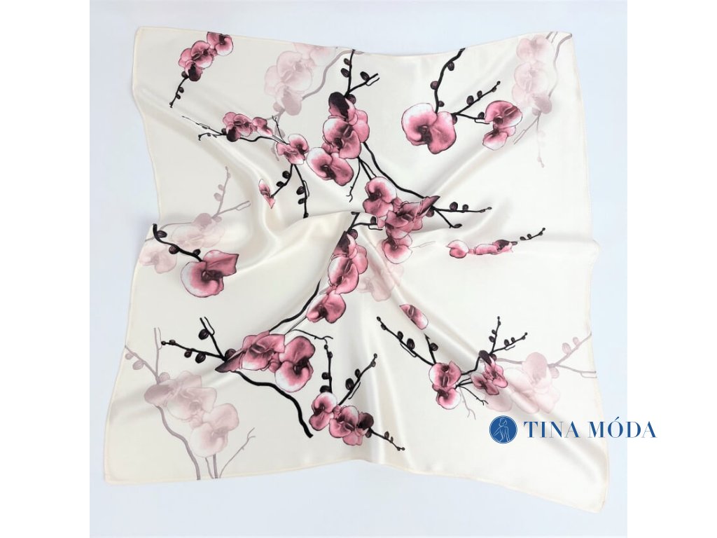 Dámský malý letuškový hedvábný šátek čtvercový květovaný růžový bílý ...