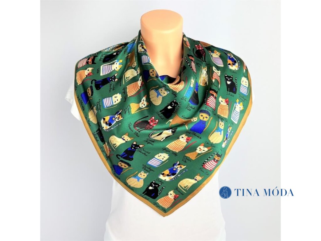 Dámský malý letuškový hedvábný šátek čtvercový zelený s kočkami barevný ...
