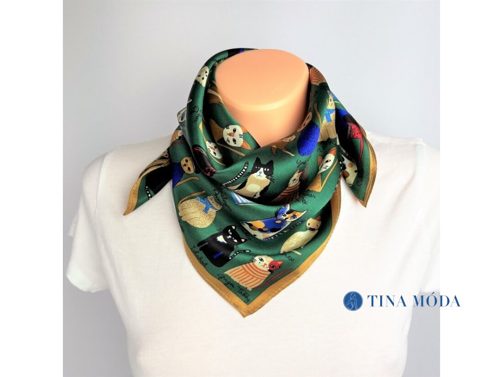 Dámský malý letuškový hedvábný šátek čtvercový zelený s kočkami barevný ...