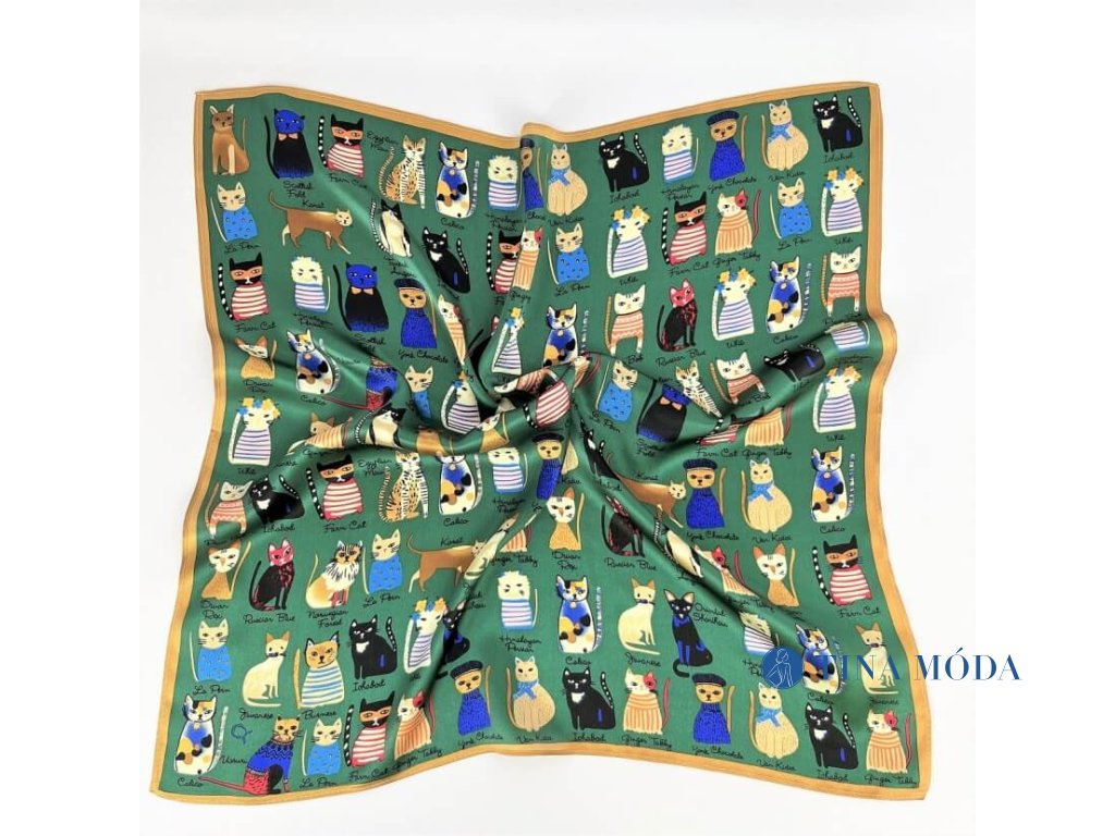 Dámský malý letuškový hedvábný šátek čtvercový zelený s kočkami barevný ...