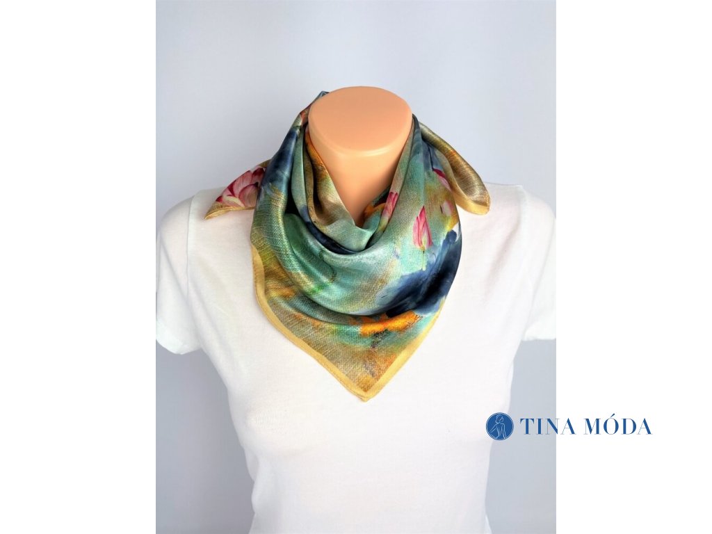 Malý letuškový hedvábný šátek květy leknínů tyrkysová 50 cm 100% ...