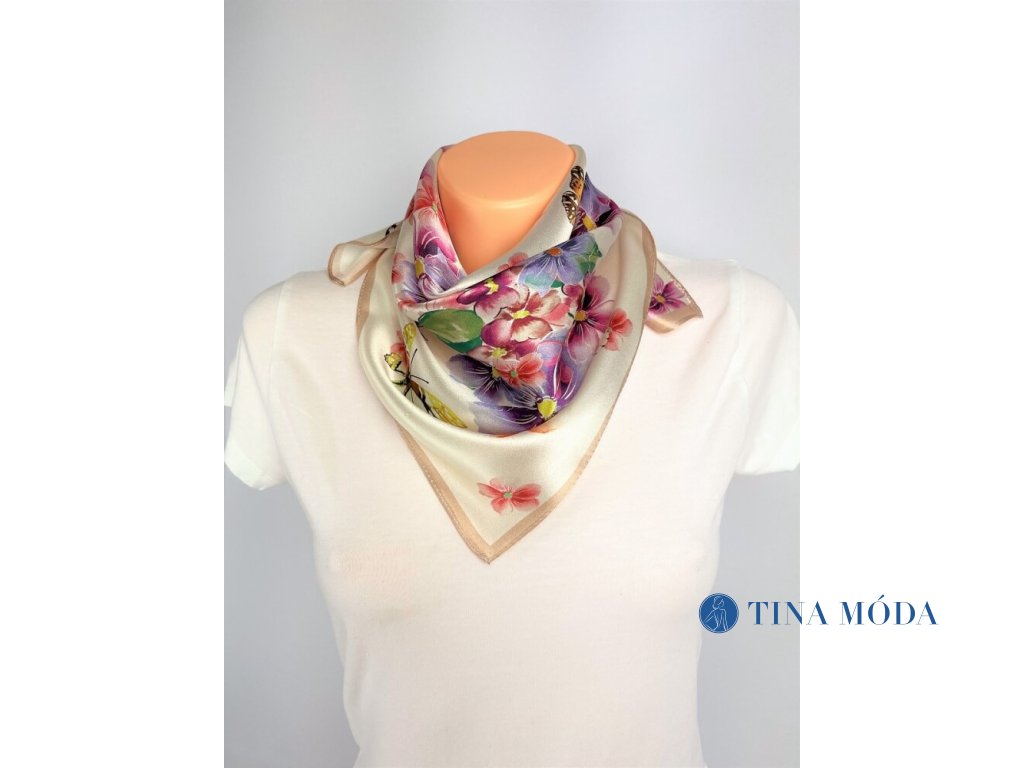 Malý letuškový hedvábný šátek barevné květy a motýli 50 cm 100% hedvábí ...