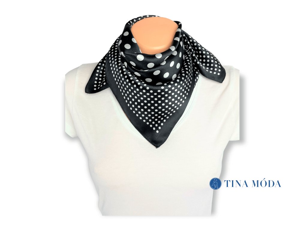 Malý letuškový hedvábný šátek puntíkovaný černý bílý 50 cm 100% hedvábí ...