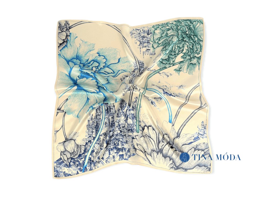 Malý letuškový hedvábný šátek smetanový a velké modré květy 50 cm 100% ...