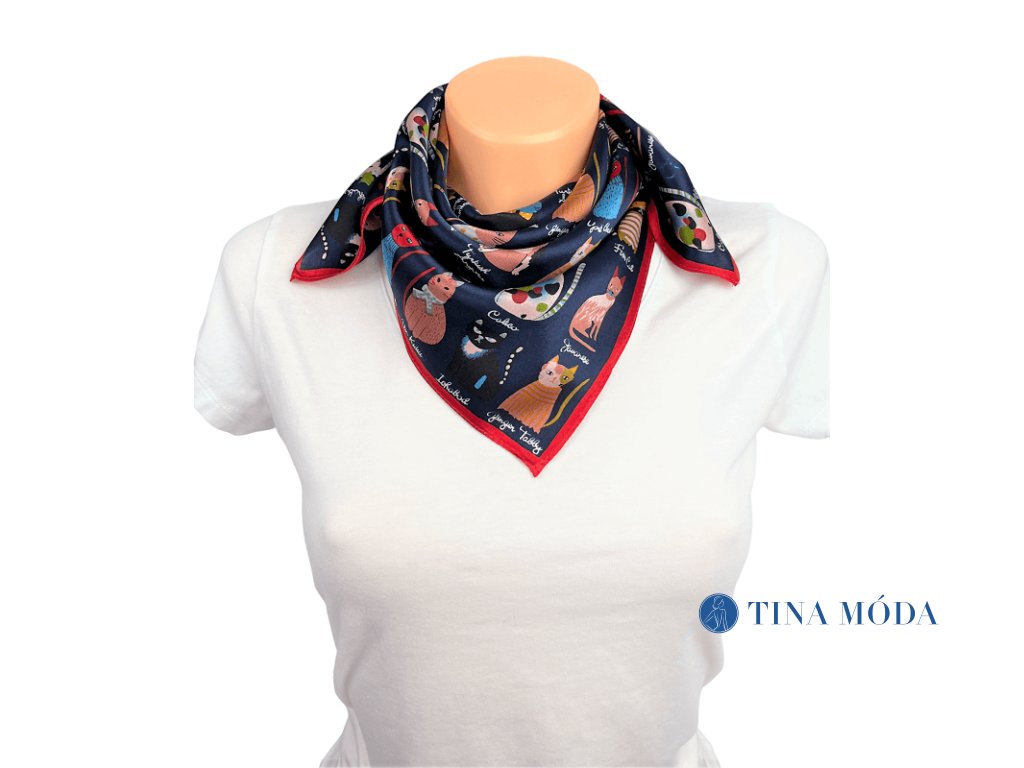 Malý letuškový hedvábný šátek modrý s kočkami ve francouzském stylu 50 ...