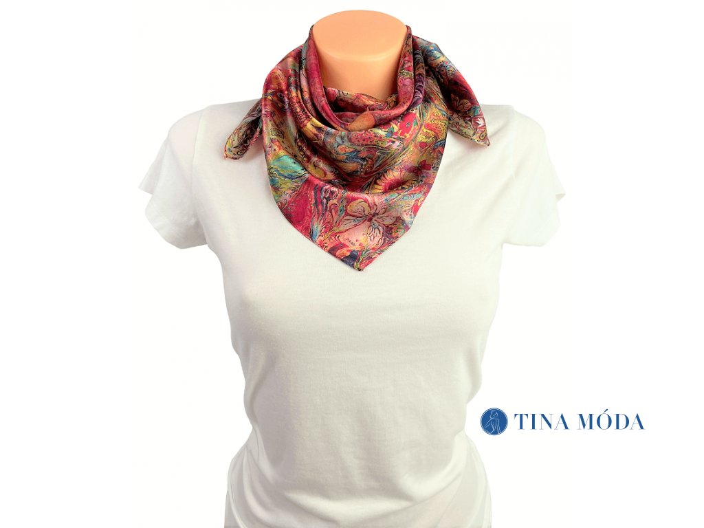 Malý letuškový hedvábný šátek pestrobarevný s květy, motýly, pávy 50 cm ...