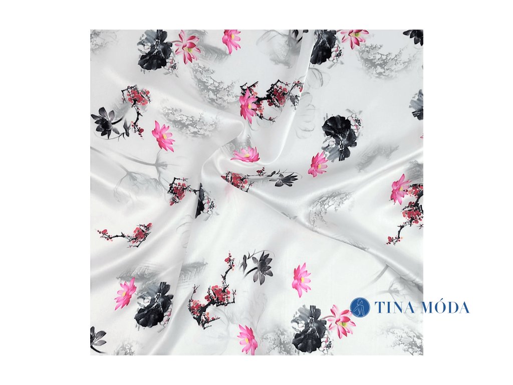 Malý letuškový hedvábný šátek bílý, růžové květy leknínů 50 cm čtverec ...