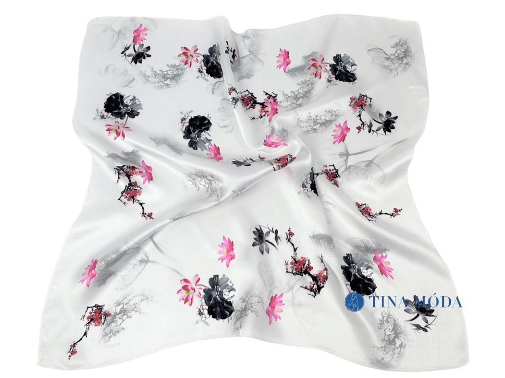 Malý letuškový hedvábný šátek bílý, růžové květy leknínů 50 cm čtverec ...