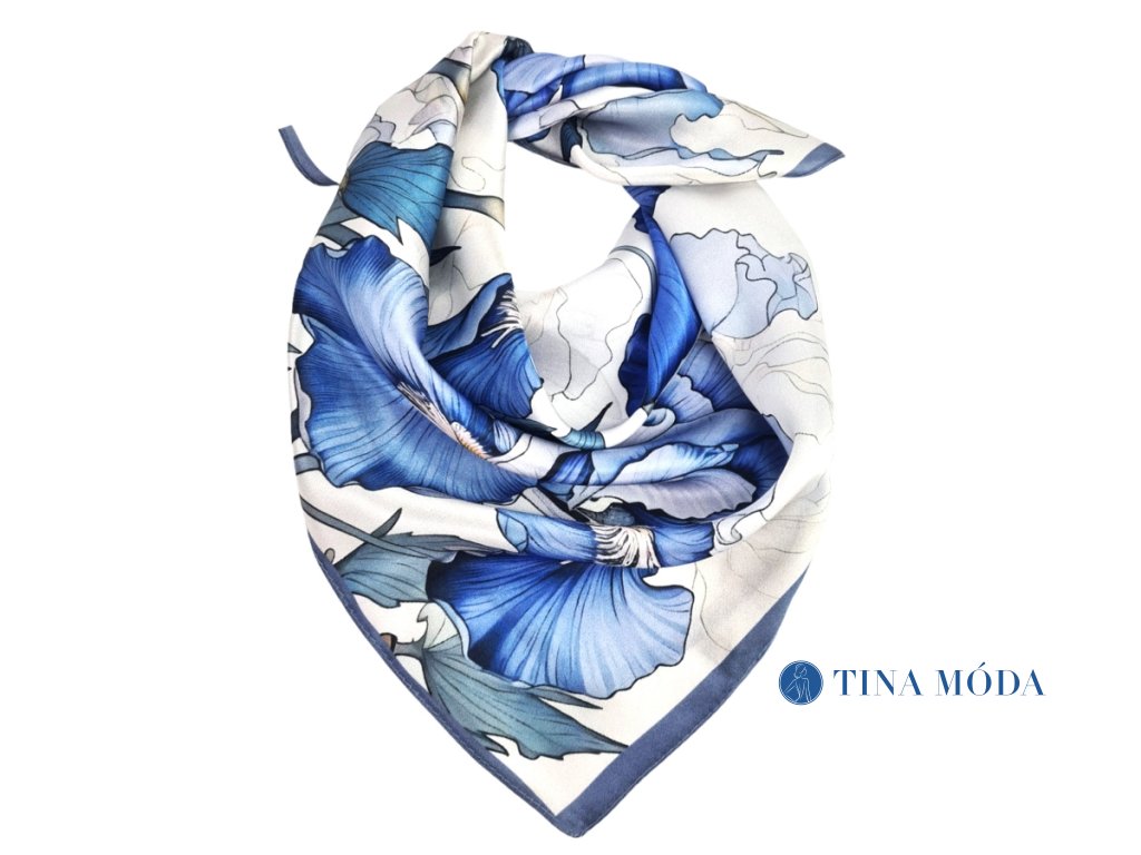 Decentní šátek na krk s modrými kosatci, jemné barvy