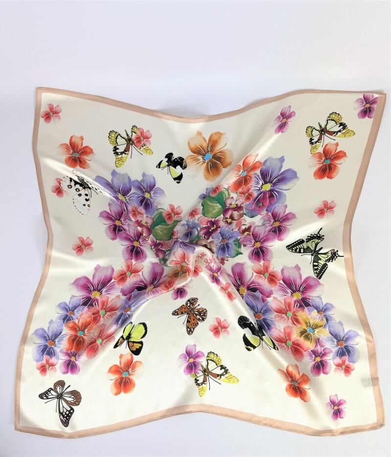 Malý letuškový hedvábný šátek barevné květy a motýli 50 cm 100% hedvábí ...