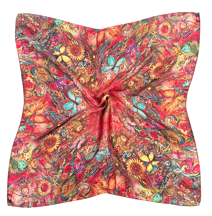 Malý letuškový hedvábný šátek pestrobarevný s květy, motýly, pávy 50 cm ...