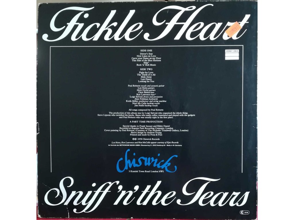 LP Sniff 'n' the Tears ‎– Fickle Heart, 1978 - Vinyl Forever